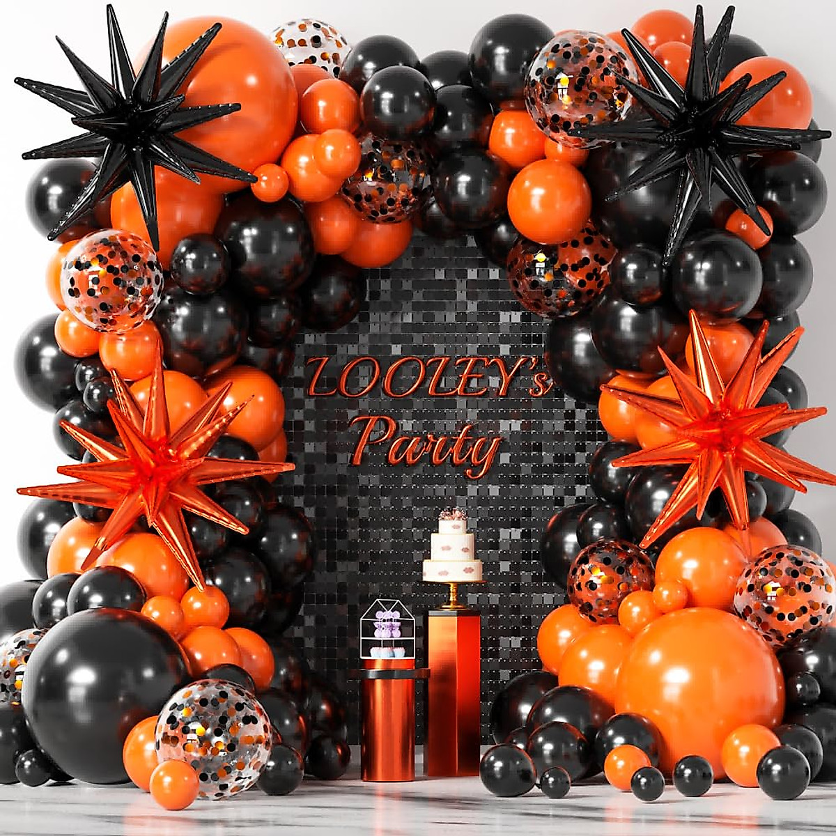 138Pcs Orange and Black Halloween Balloons Arch Kit with Stars - 5 10 12 18 inch Black Orange Garland Confetti Latex Party Balloons for Halloween Birthday Party Decorations
