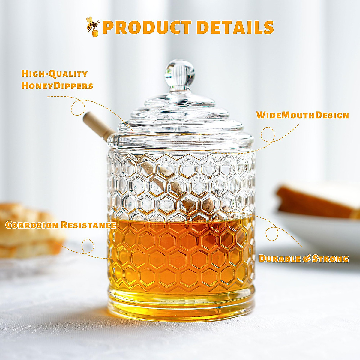 kanpura Clear Crystal Honey Pot with Dipper and Lid,Glass Honey Jar with Dispenser, Glass Honey and Syrup Container for Home Kitchen