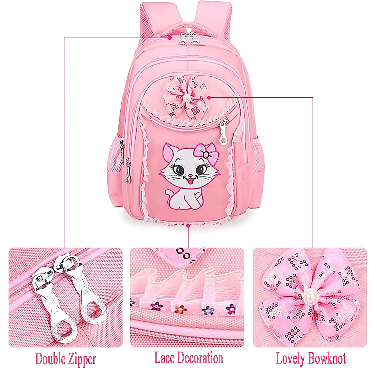 Cat Printed Girls Backpack Kids School Bookbag for Primary Students Pink