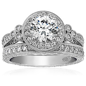 Amazon Essentials Platinum-Plated Sterling Silver Antique Rings set made with Infinite Elements Cubic Zirconia, Size 7, (previously Amazon Collection)
