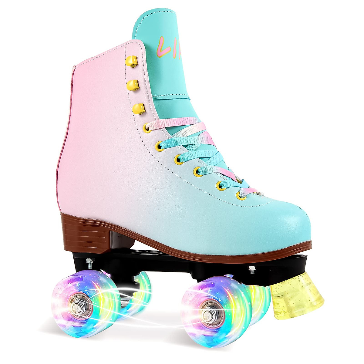 LIKU Quad Roller Skates for Girl and Women with All Wheel Light Up,Indoor/Outdoor Lace-Up Fun Illuminating Roller Skate for Kid (Pink&Blue, 7-8)