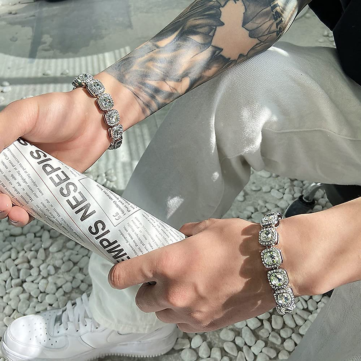 Apzzic 12mm Iced Out Square Tennis Chain Micro Pave Cubic Zircon 1 Row Diamond Cuban Link Bracelet Hip Hop Jewelry For Men Women Silver 8inch