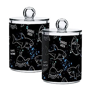 Fustylead 2 Pack Shark Area Qtip Holder Dispensers, Plastic Apothecary Jar Bathroom Accessories Set for Cotton Ball, Swab, Round Pads, Floss