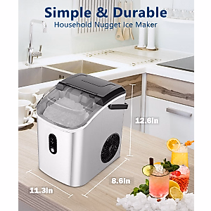 Kndko Nugget Ice Maker Countertop,33lbs/Day, Pellet ice Maker,a Basket in 1.5 Hour, Self-Cleaning, One-Click Design, Compact Crushed Ice Maker with Chewy Ice for Home Bar Party，Silver