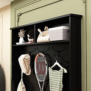 Homsee Modern Hall Tree with Storage Bench, 4-in-1 Entryway Bench with Coat Rack, Tall Hall Tree with 7 Metal Hooks, Shelves & 10 Cubes for Hallway, Living Room, Black (39.4”L x 15.7”W x 68.5”H)