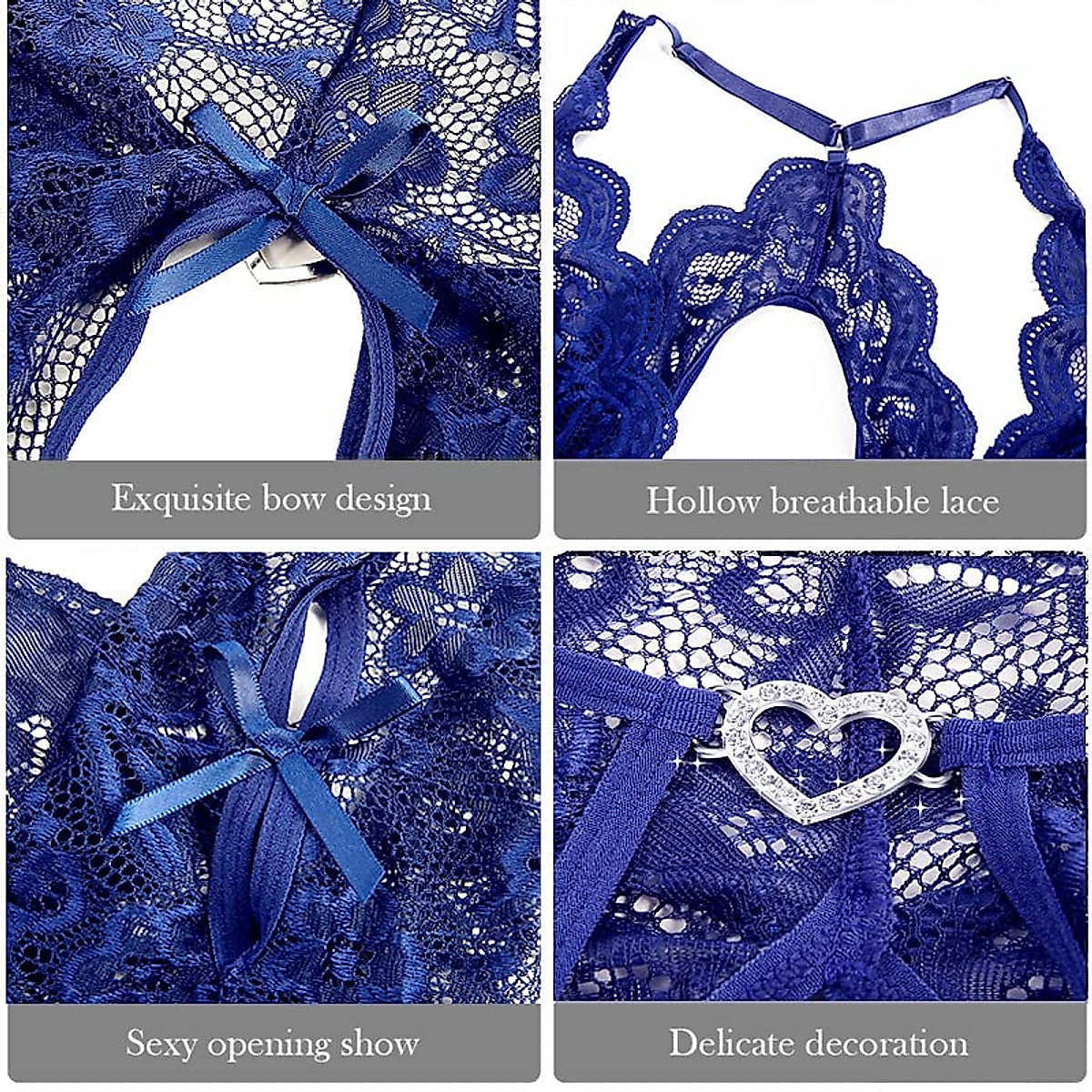 UFZIJP Women One Piece Lingerie Deep V Teddy Sexy Lace Bodysuit (XL, Bow Ties Blue)