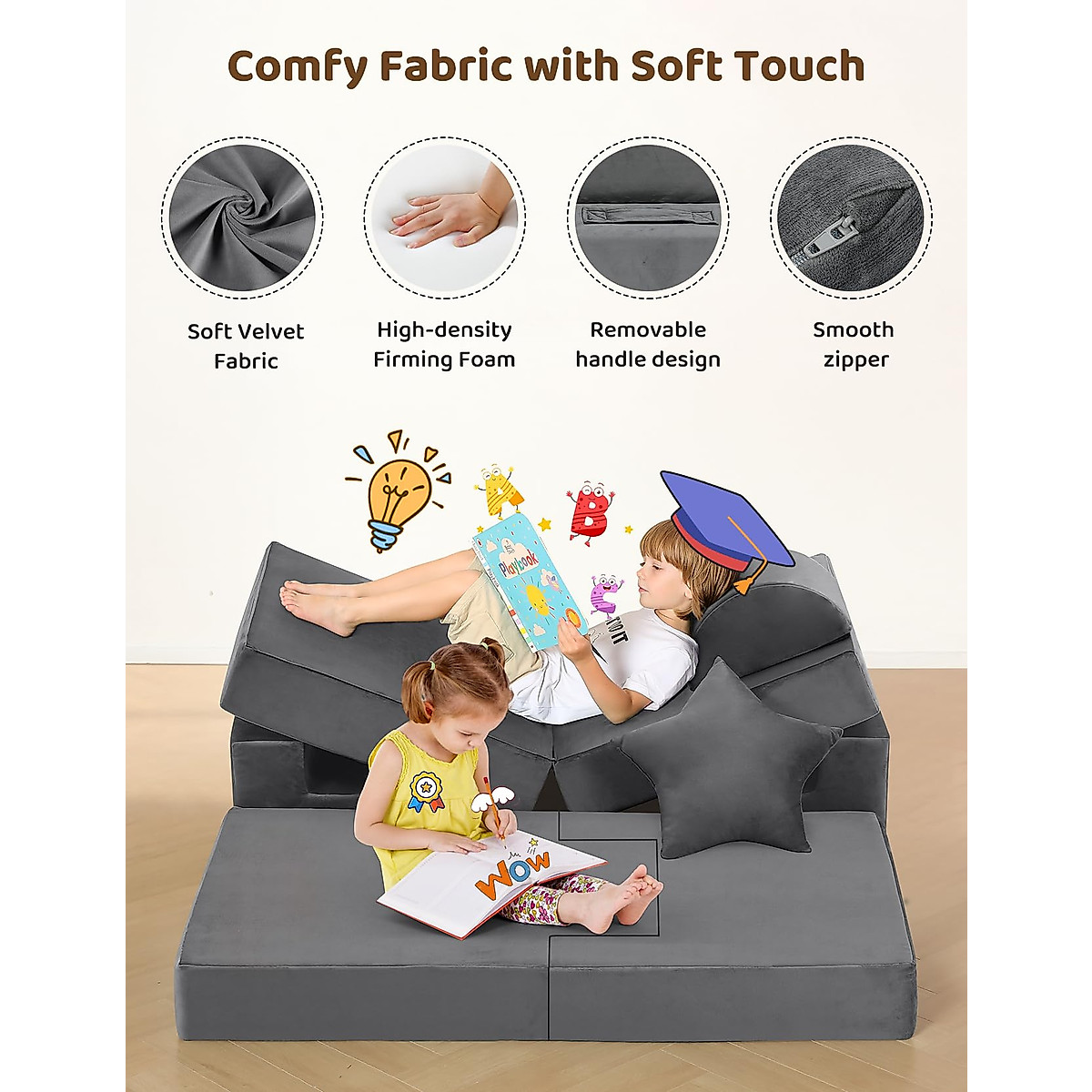 Modular Kids Play Couch, Kidirect K12 PRO DIY 400+ Creative Kids Couch for Playroom, Upgraded Play Couch Convertible Rocking Horse, Sectional Kids Sofa Couch with Star Moon for Kids and Toddlers(Grey)