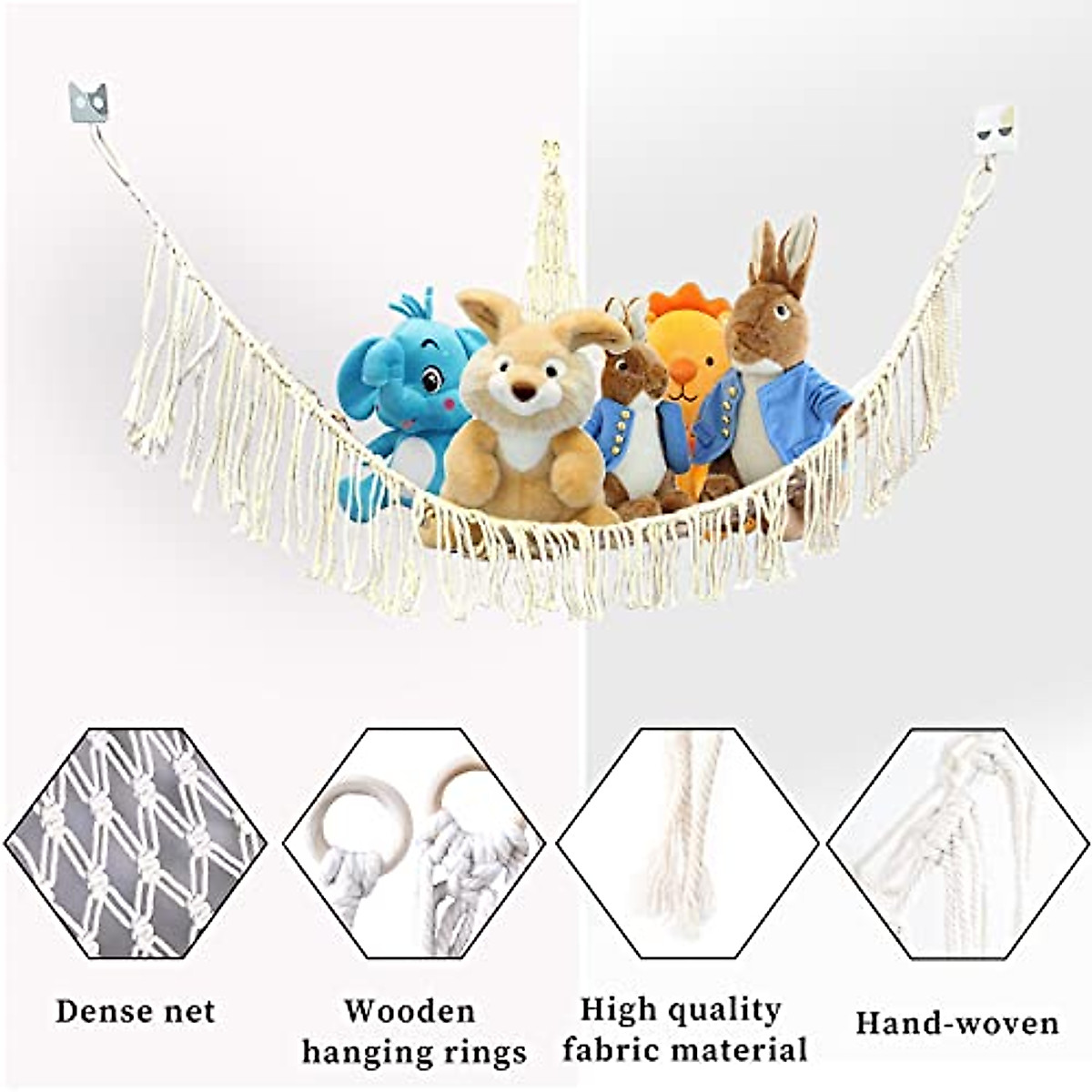 Boho Stuffed Animals Net Or Hammock Large,55 inch Toy Hammock Macrame Stuff Animal Storage Corner Hanging Net Holder,Mesh Hammock Plush Toy Organizer with Tassel & Hooks for Bedroom