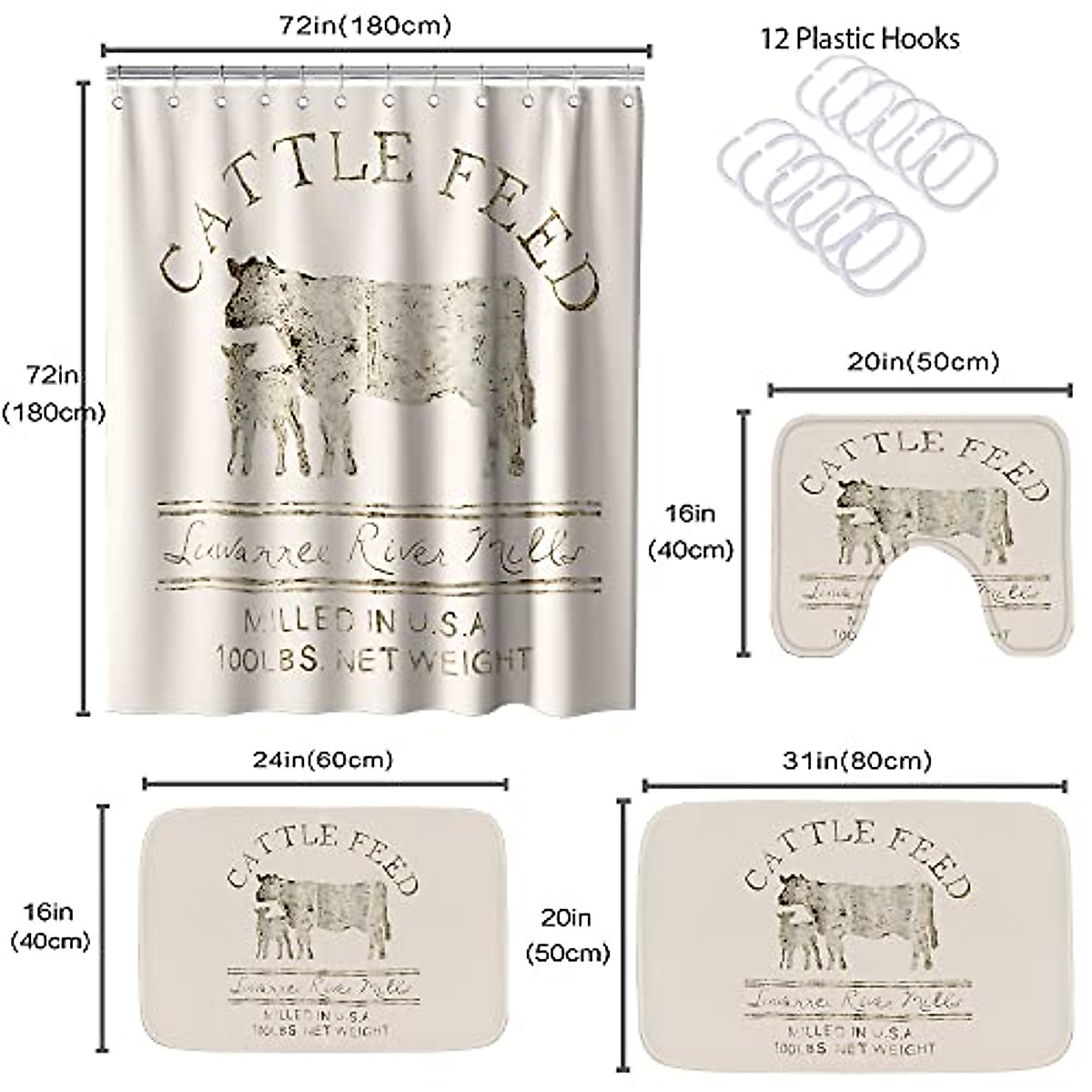Final Friday Farmhouse Cattle Feed Cow Rustic Bathroom Sets with Shower Curtain 72Wx72H and Rugs and Accessories Decor with Bath Mat, U-Shaped Contour Velvet Washable 20 x 31 inches Ivory White