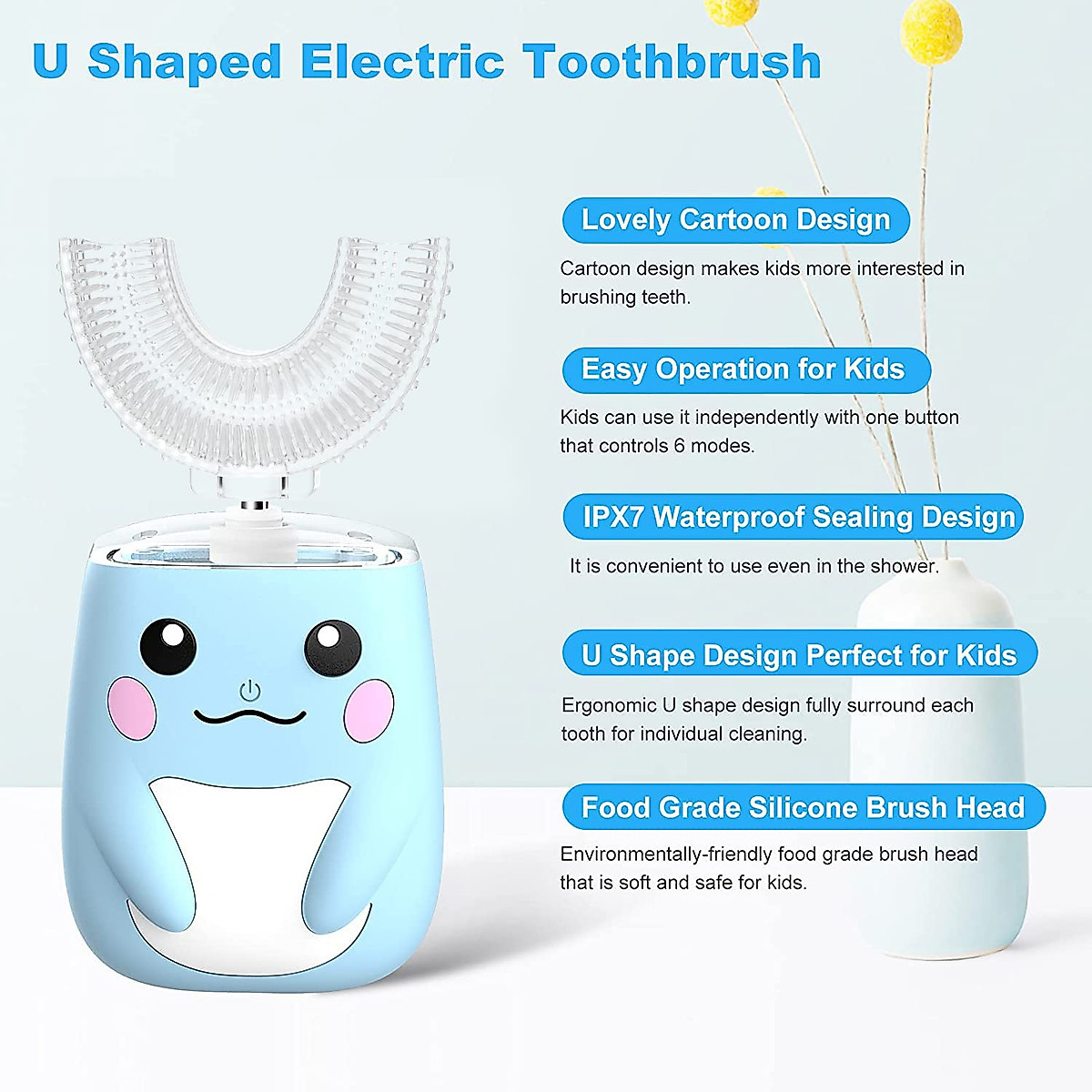 Kids Electric Toothbrush, U Shaped Ultrasonic Automatic Tooth Brush,Toothbrush with 2 Brush Heads,Six Cleaning Modes,IPX7 Waterproof,Cartoon Modeling Design for Toddler Children, Age 2-7 Blue¡­