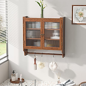 roomfitters 24.8" Vintage Glass Door Wall Cabinet with Double Doors, Three-Tier Storage, and Towel Rack for Bathroom, Kitchen, Dining Room - Brown