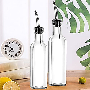 DLD Italian Glass Oil And Vinegar Cruet 16 Oz, Olive Oil Dispenser With Stainless Steel Spout, Slight Green Tint (SET OF 2, 16 oz)