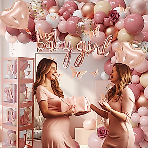132pcs Rose Gold Baby Shower Decorations with Girl Baby Boxes, Boho Blush Pink Tan Butterfly Balloon Arch Kit Baby Box with Letters for Women Birthday Bridal Wedding Tea Party Valentine’s Day
