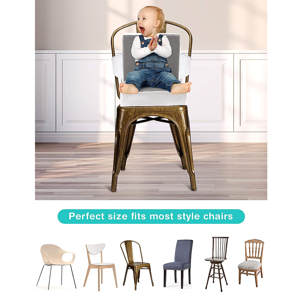 OTTOLIVES Toddler Booster Seat for Dining Table Thick Increasing Waterproof PU Washable Cushion with 2 Adjustable Straps Safety Buckle (Grey)