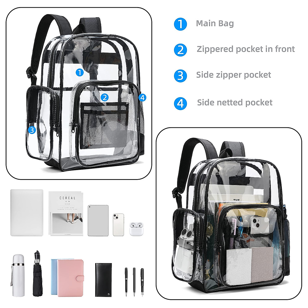 NBUUNBU Clear Backpack Heavy Duty Transparent PVC Bookbags See Through Bags for School Stadium Concert Workplace Travel