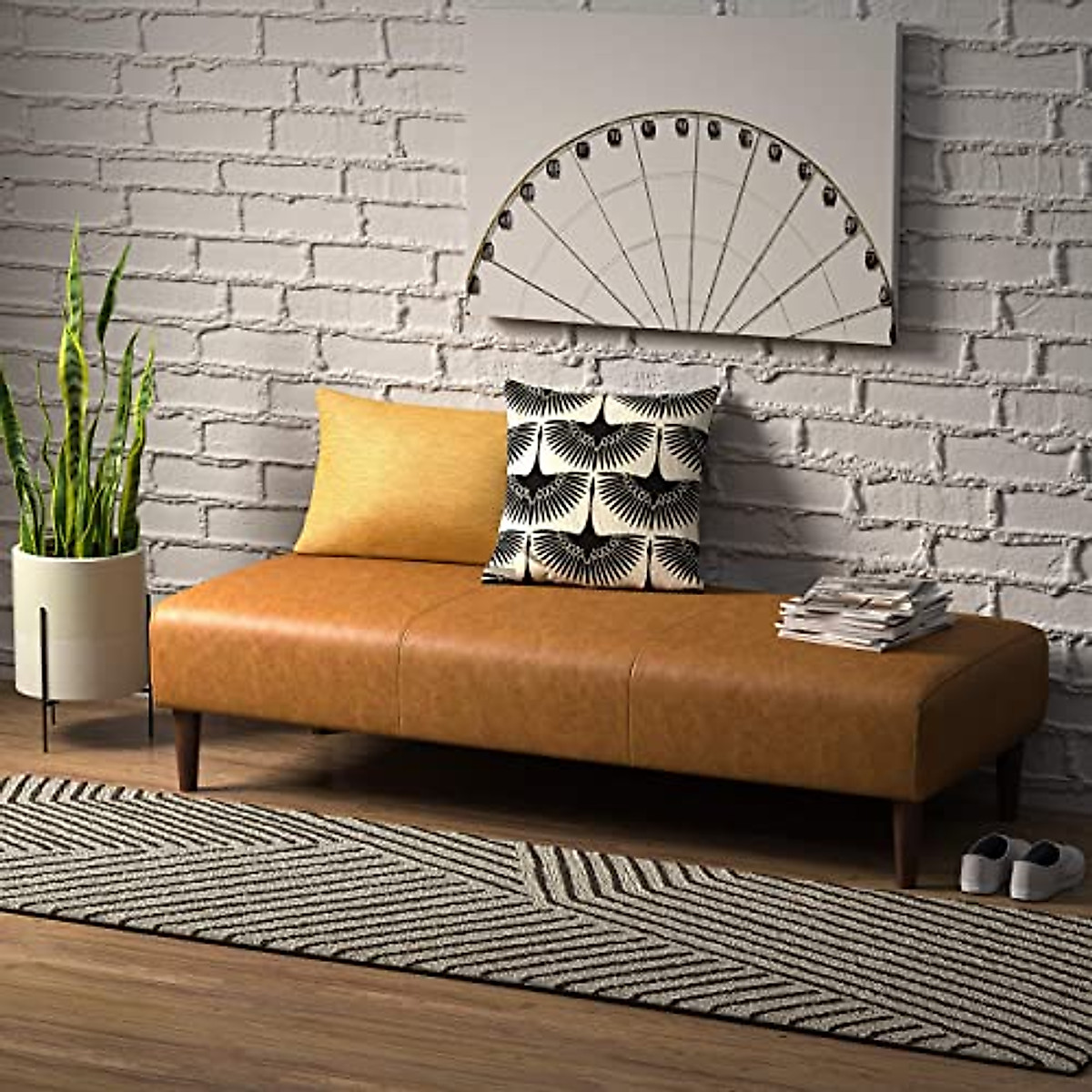 Amazon Brand – Rivet Ava Mid-Century Modern Leather Ottoman Bench, 63.4"W x 15.7"H, Caramel