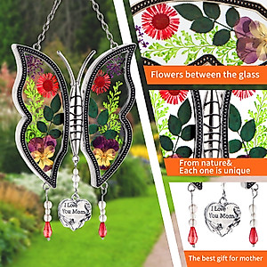 Gift for Mom Butterfly Suncatcher Mom Birthday gift I Love You Mom, Real flower glass handmade Mom Garden window decoration Mom Mother's Day Valentine's Day Birthday