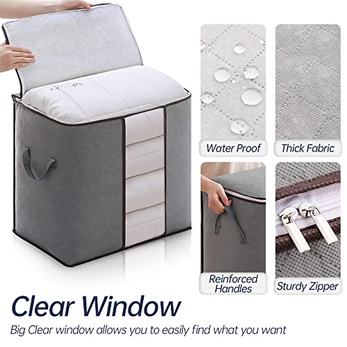 VIEWSHINE 6-Pack Large Capacity Clothes Storage Bags, Foldable Closet Organizer Storage Container with Clear Window, Sturdy Zipper and Reinforced Handle, Thick Fabric Storage Bags for Clothes, Comforters, Blankets, Quilts, Bedding and Toys, 90L, Grey
