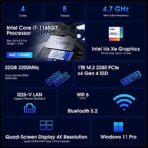 Intel NUC 11 NUC11PAHi7 Panther Canyon Mini PC, i7-1165G7, 32GB RAM, 1TB SSD, Mini Computers Windows 11 Pro for Business Home Office, Support 8K/WiFi 6/4K Quad Display/Bluetooth 5/Thunderbolt 3