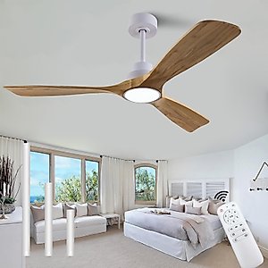 QUTWOB 52" Wood Ceiling Fan with Lights Remote Control,Quiet DC Motor 3 Blade Ceiling Fans for Patio Living Room, Bedroom, Office,Indoor Outdoor(Raw wood+White)
