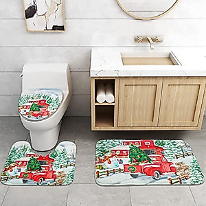 Alishomtll 4 Pcs Christmas Shower Curtain Sets with Non-Slip Rugs, Toilet Lid Cover, Bath Mat and 12 Hooks, Xmas Red Truck Shower Curtain for Christmas Bathroom Decoration Sets
