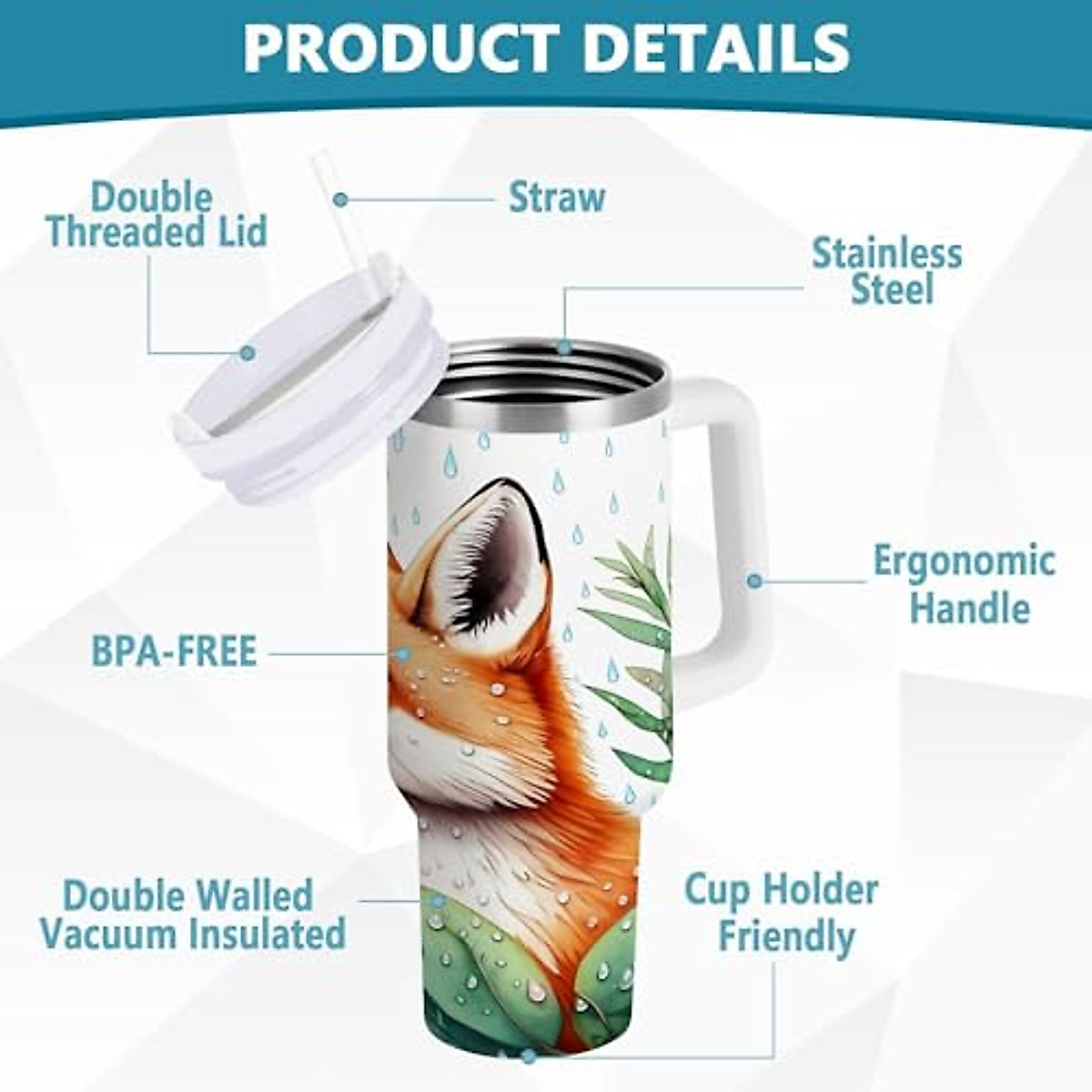 RPLIFE Cute Fox Green Leaves Tumbler, Stainless Water Bottle, Drinking Cups with Lids and Straws