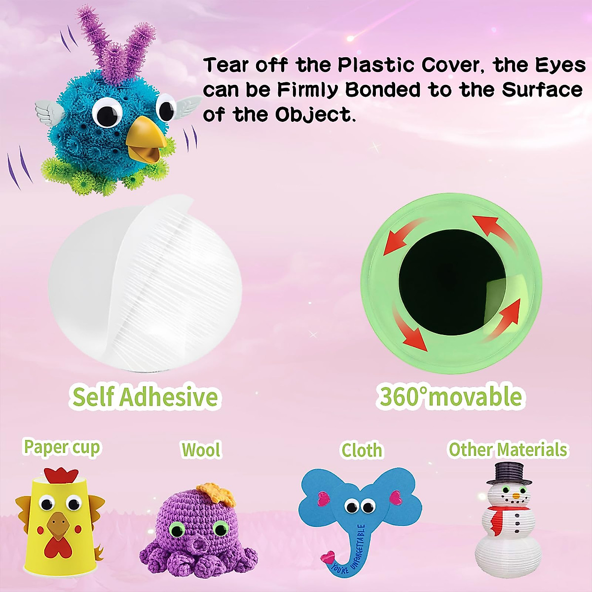 fulasiteu 505pcs Googly Eyes Self Adhesive, Glow in The Dark Wiggle Googly Eyes, 8mm to 50mm Plastic Green Sticker Luminous Eyes for DIY Crafts Scrapbooking Decoration