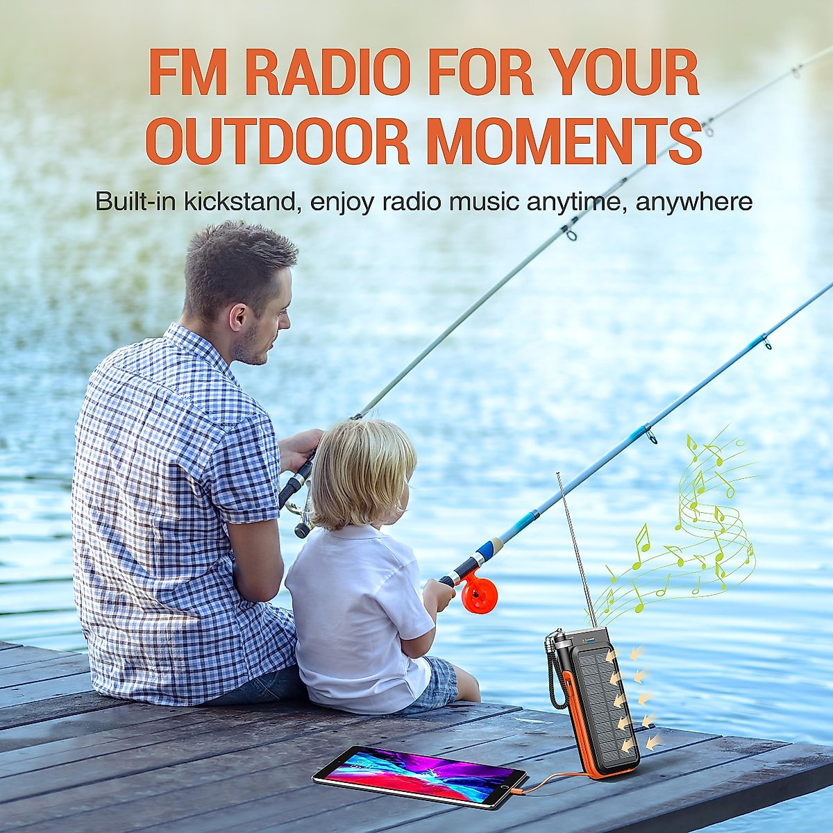 Solar Power Bank 36800mAh, Emergency FM Radio & Bluetooth Speaker, Built-in 2 Cables and Kickstand 15W Fast Charging LED Flashlight, USB C Input/Output Compatible with All Mobile Devices (Black)