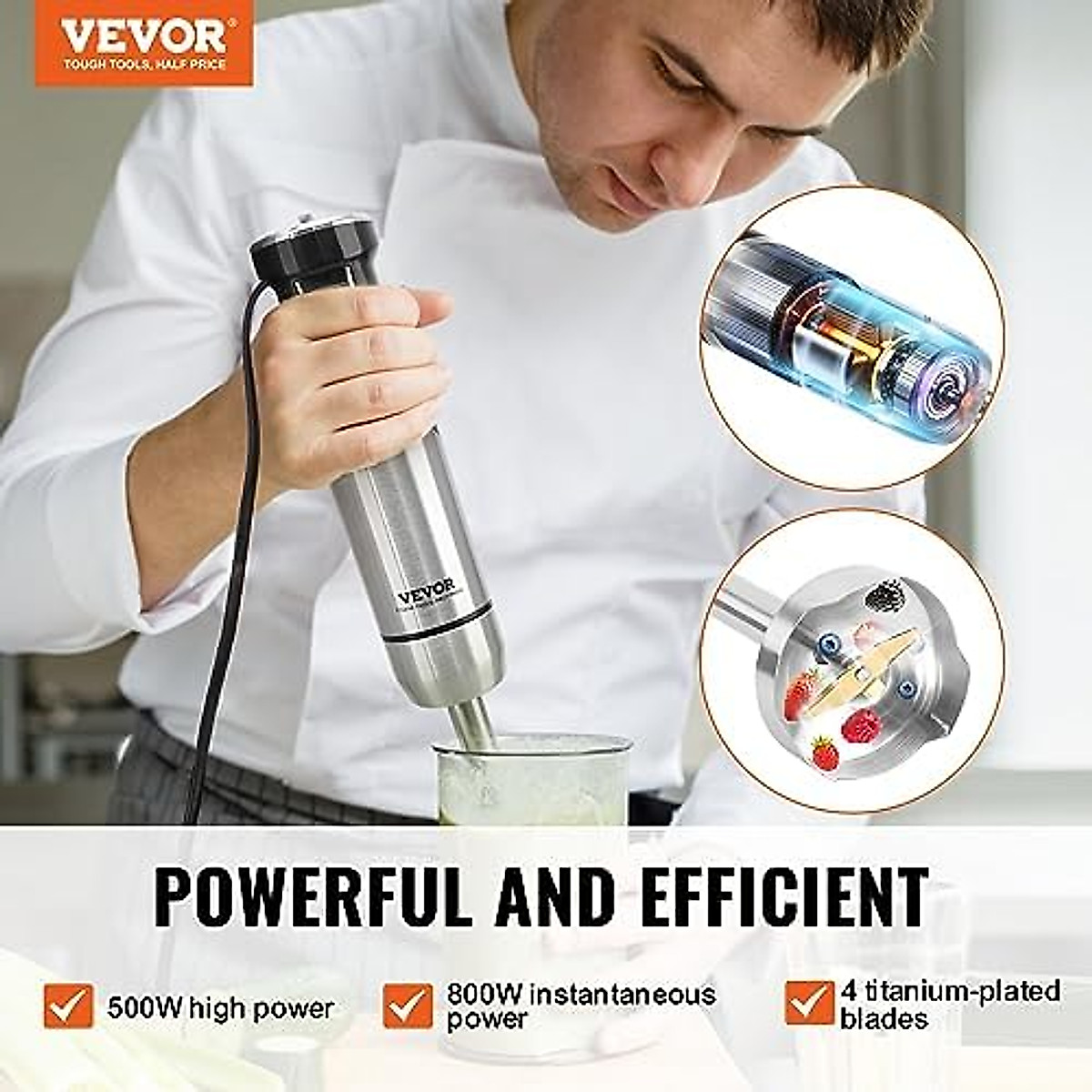 VEVOR Immersion Blender, 12-Speed Heavy Duty Immersion Blender, 800W Instantaneous PowerStainless Steel Blade Copper Motor Hand Mixer, Portable Mixer with Measuring Cup, Whisk, Milk Frother