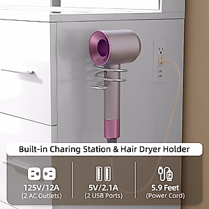 VALONDINO Makeup Vanity Desk with Power Outlet, 46'' Glass Top Vanity Set, 7 Drawers Vanity Table with Cushioned Stool, 3 Lighting Modes Brightness Adjustable,White