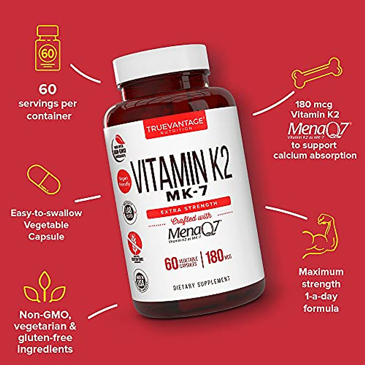 Vitamin k2 MK-7 Supplement 180mcg -Vitamin K2 Supports Bone & Heart Health for Cardiovascular Calcium Absorption from Arteries- 60 Easy to Swallow Vegetable caps of MenaQ7 K2 MK7
