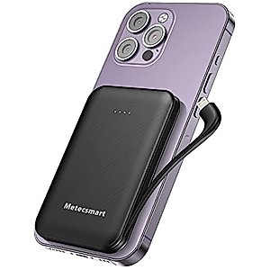 Metecsmart 4500mAh Small Portable Phone Charger, Mini Power Bank Fast Charging, Three Output Type C Input External Battery Pack, Built in a Cable Compatible with iPhone and iPad
