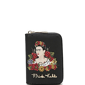 Authentic Frida Kahlo Cartoon Picture Print Small Medium Zip-around Wallet (Flower Theme - Black)