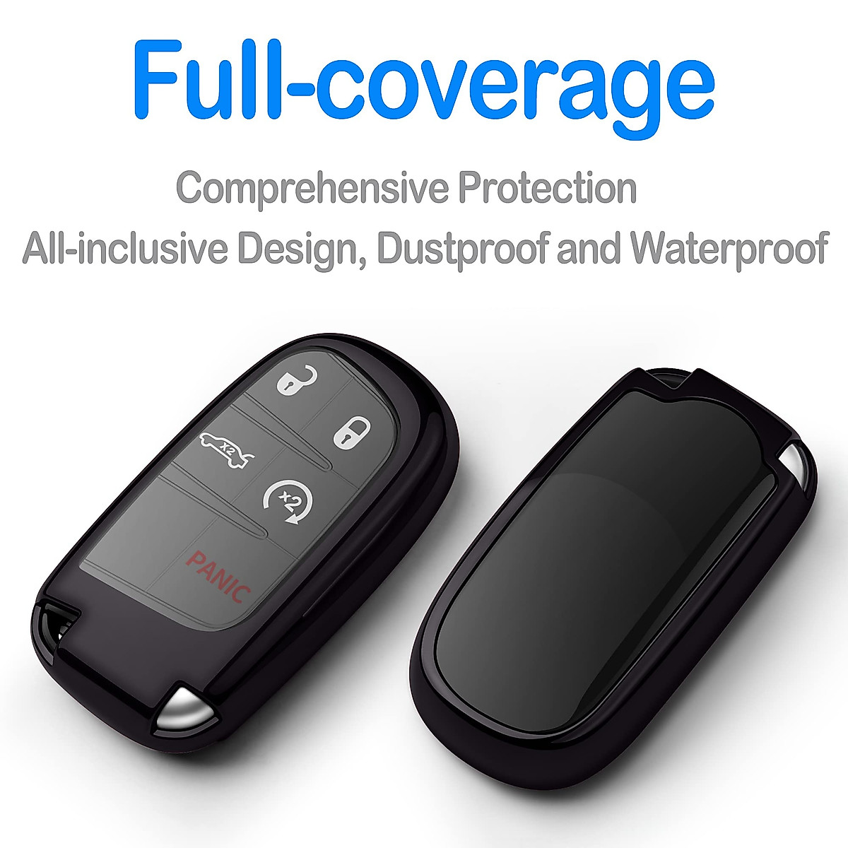 Compatible with Jeep Key Fob Cover with Leather Keychain Soft TPU Protection Key Case for Grand Cherokee Renegade Chrysler 200 300 Dodge RAM Durango Challenger Journey Dart Fiat Smart Key,Black