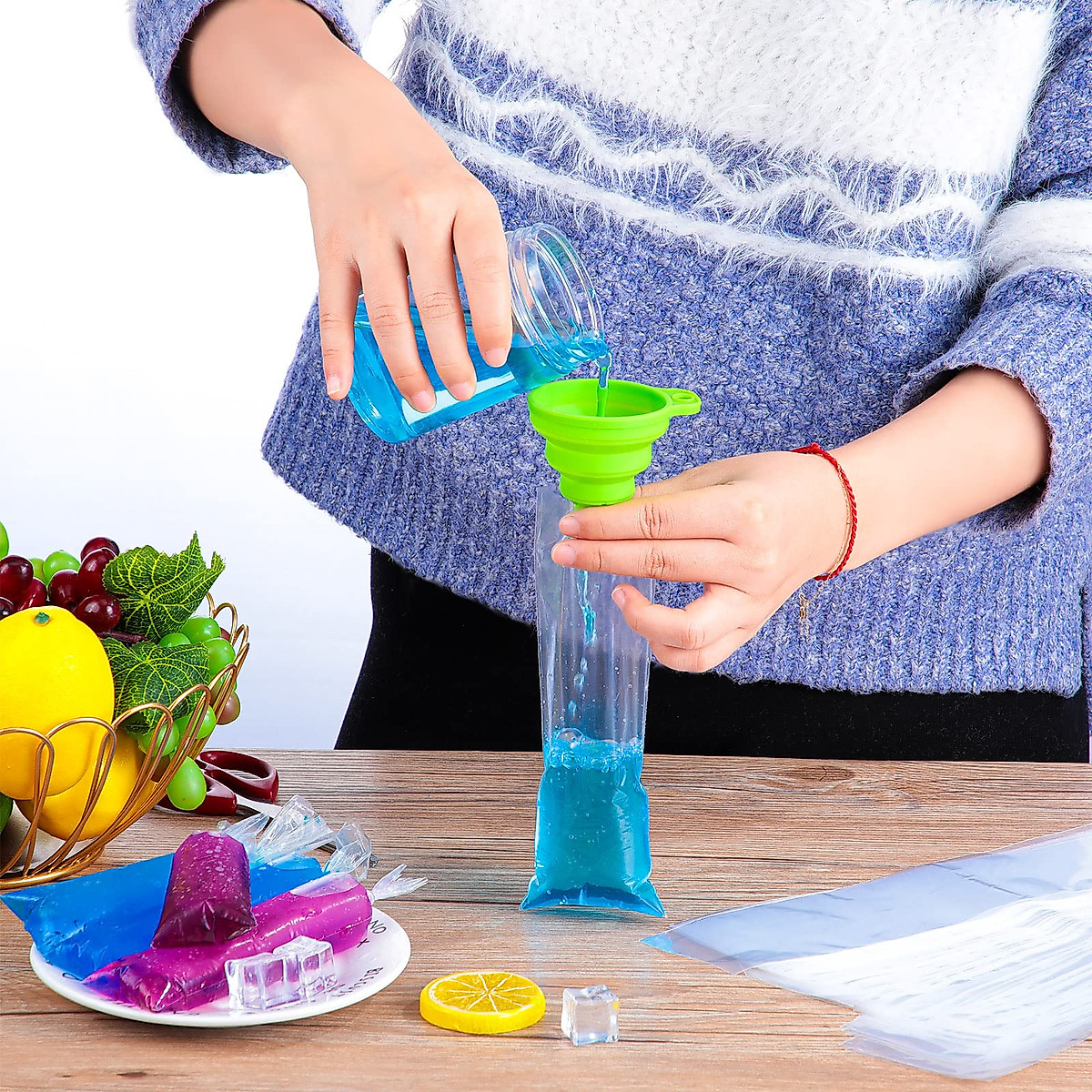 Ice Lolly Bags Disposable Ice Cream Mold Bags with Silicone Funnel, 3 Size DIY Ice Candy Pouch for Making Ice Cream Yogurt, 2x12 Inch, 3x12 Inch, 3x10 Inch (300 Pcs)