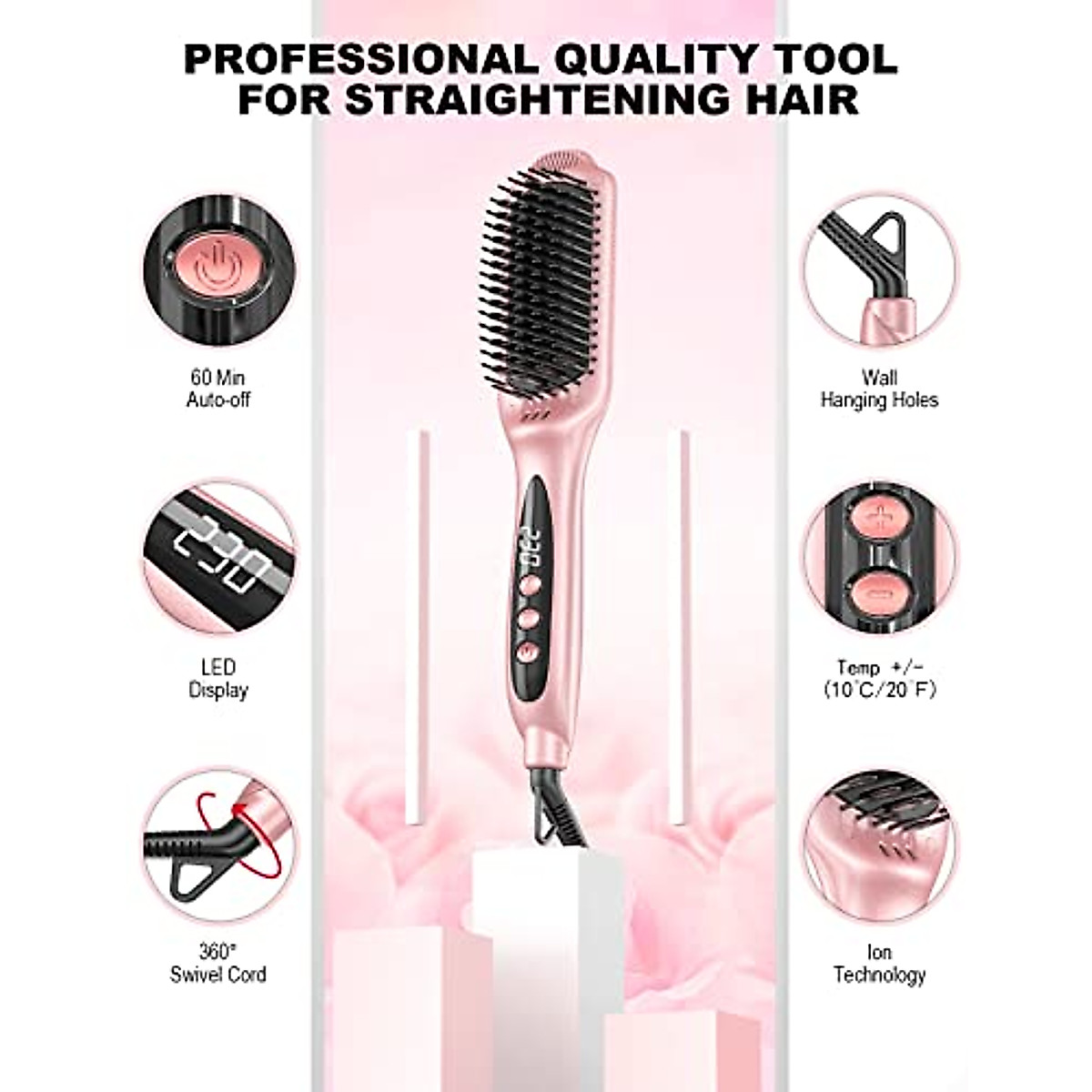 LANDOT Hair Straightener Brush Heated Straightening Brush: Negative Ion Hot Hair Brush for Smooth Frizz-Free Hair - Ceramic Flat Iron Brush - Dual Voltage Fast Heating Rose Gold