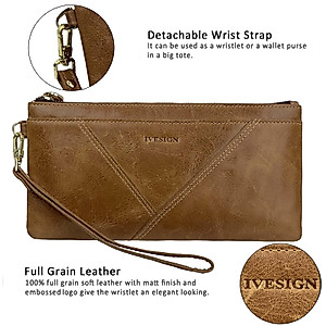 IVESIGN RFID Blocking Leather Wallet for Women, Genuine Leather Slim Wristlet Clutch with Phone Holder, Credit Card Organizer, Coin Purse & Removable Strap – Brown