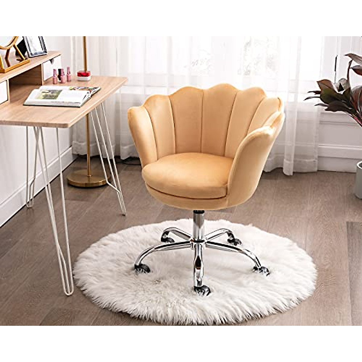 CIMOTA Desk Chair Velvet Cute Adjustable Vanity Chair Modern Home Office Chair Scalloped Task Chair with Wheels for Teens Adults Bedroom/Study/Make Up/Computer Room, Yellow