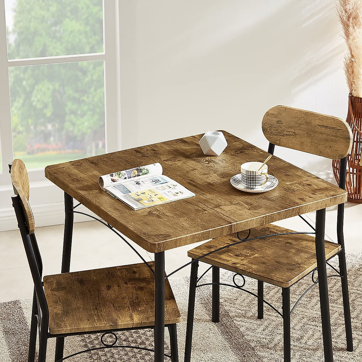 VECELO 3 Piece Dining Set, Metal and Wood Square Kitchen Breakfast Nook, Dinette, Table & Chair for 2, Brown