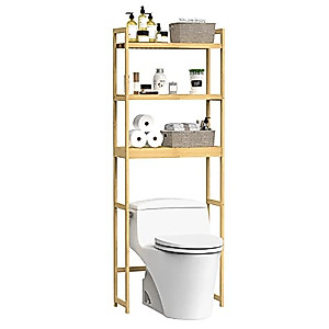 PINPON Bamboo Over The Toilet Storage Shelf, 3-Tier Bamboo Bathroom Shelf Organizer, Multifunctional Over Toilet Shelf Stand Rack Space Saver for Laundry Room, Restroom, Balcony, Bamboo