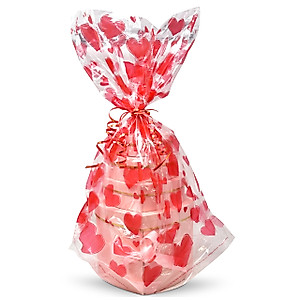 18 Valentine Cellophane Basket Bags with Twist Ties 22" x 25" Jumbo Large Valentines Day Red Heart Gift Wrap Clear Cello Plastic Bag for Baskets