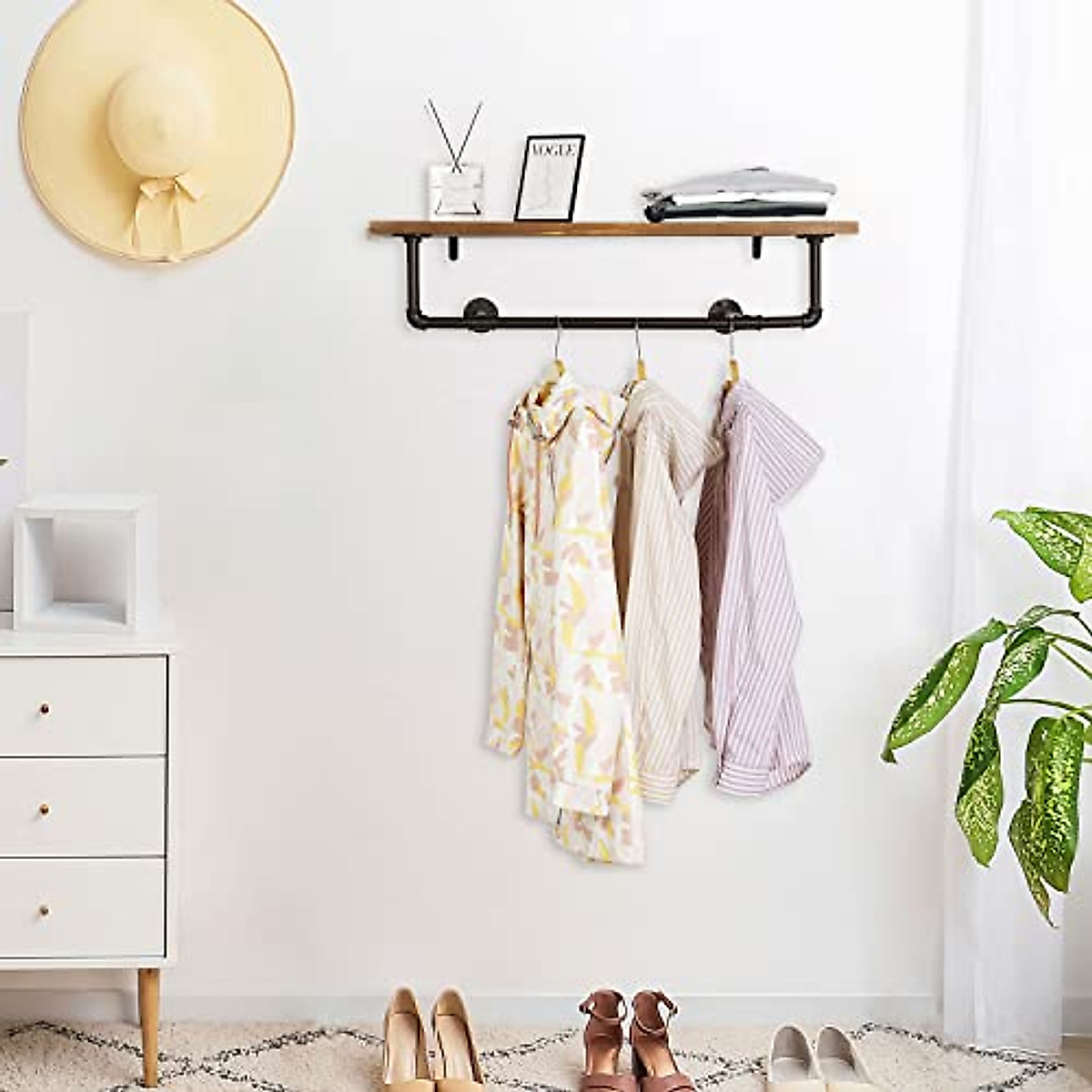 MyGift 31-Inch Industrial Garment Rack Wall Mounted Black Metal Pipe Hanging Clothing Rod and Brown Wood Storage Shelf