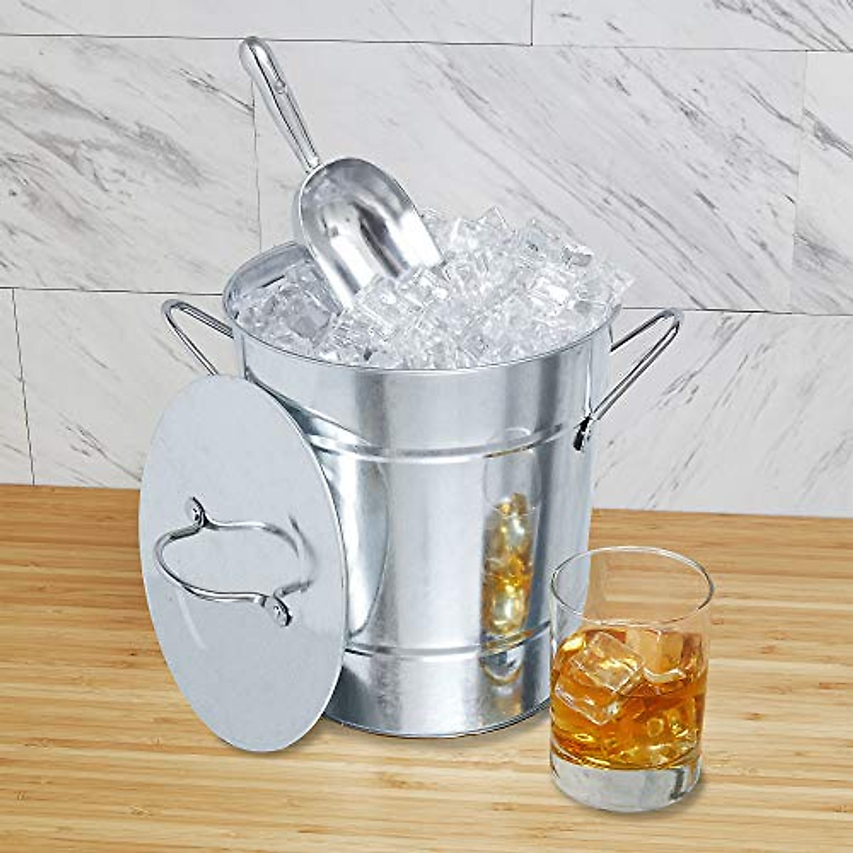 Twine Ice Bucket With Lid And Ice Scoop, Galvanized Metal Drink Tub, Wine And Beer Chiller, Holds 5.35 Gallons