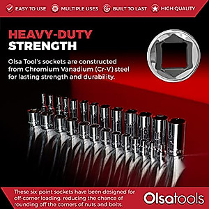 Olsa Tools SAE Socket Set (13pc) | 1/4-Inch Drive | 6-Point Deep Socket Set | Standard Imperial Sizes from 1/8" to 5/8" | Mechanic Fractional Socket Sets | Long Chrome Sockets | Professional Grade