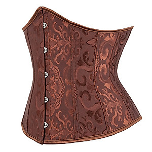 SHYMMUO Women's Underbust Brown Corset Top Satin Floral Lace Up Corset Cincher L