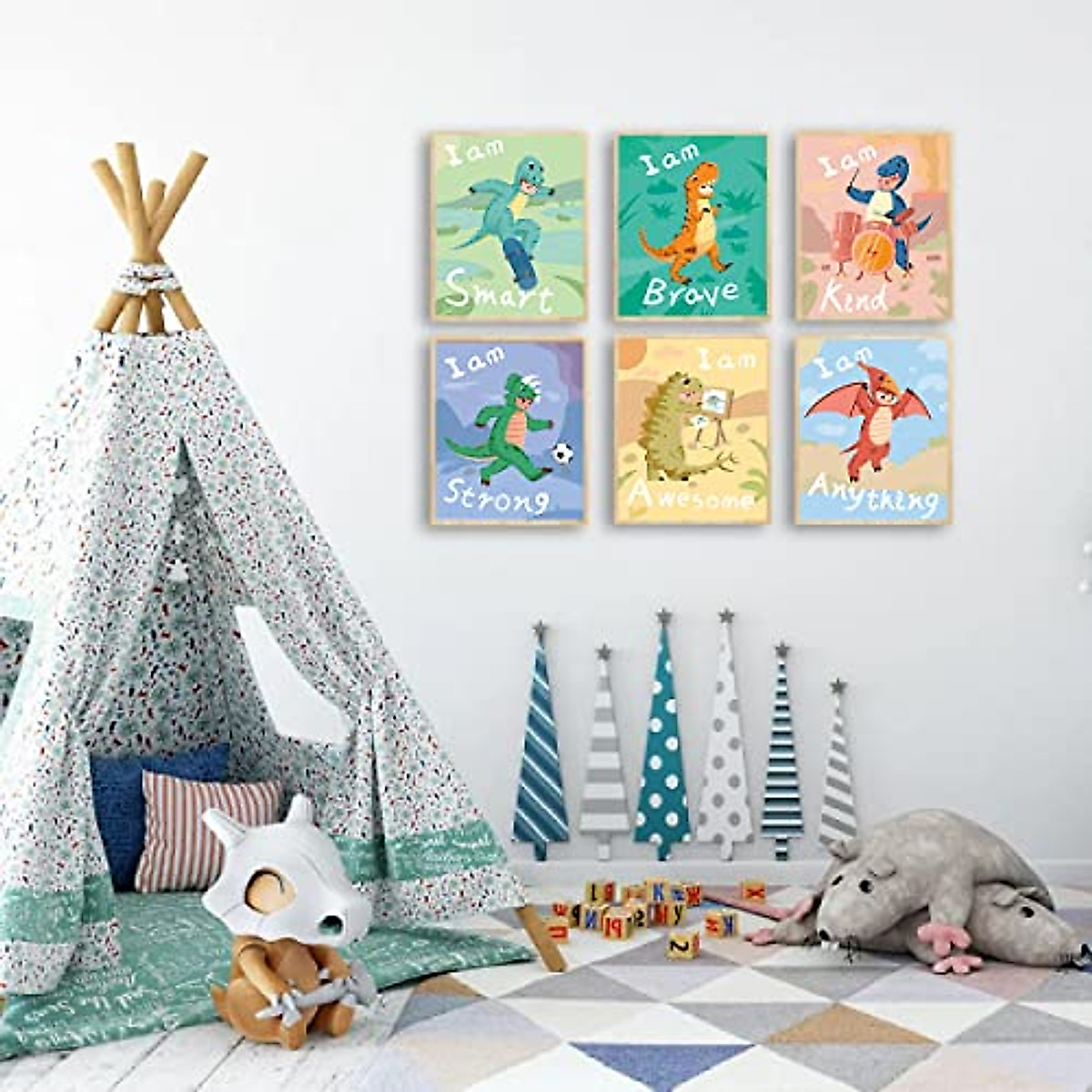 TYZZHOA I Am Awesome-Brave-Smart 6 Pcs 8x10 Inch Dinosaur Wall Art Posters, Dinosaur Room Decor for Boys, Motivational Quote Wall Decor for Playroom, Nursery Room and Kids Room (Unframed).