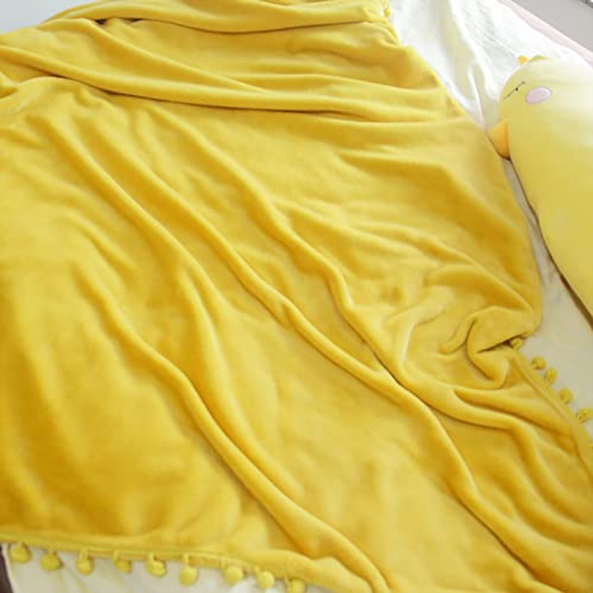 Boho Throw Blanket for Sofa, Gold Throw Blanket with Pompom, Mustard Yellow Cozy Blanket with Fringe, Lightweight Plush Blanket for Couch 51 * 63 Inches