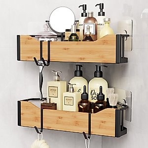 Thideewiz Corner Shower Caddy, 2 Pack Adhesive Shower Corner Organizer Shelves, No Drilling Stainless Steel Shower Storage Rack, Wood Grain Shower Organizer with 4 Hooks for Bathroom, Kitchen
