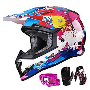 GLX GX623 DOT Kids Youth ATV Off-Road Dirt Bike Motocross MX Motorcycle Full Face Helmet Combo Gloves Goggles for Boys & Girls (Graffiti, X-Large)