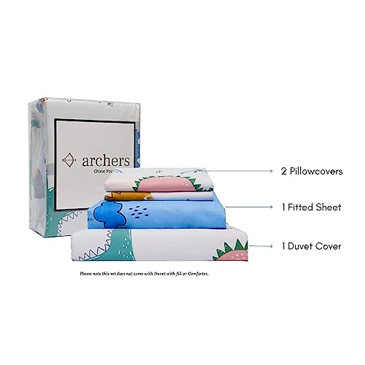 archers Kids Duvet Cover Set – Full, 4 pcs Include Reversible Duvet Cover, Fitted Sheet, 2 Pillowcases | 100% Cotton |Playful, Fun and Cozy Sheet Set | Dinosaur Print